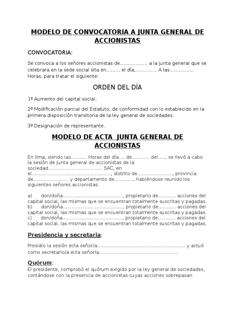 Modelo de Convocatoria A Junta General de Accionistas | PDF