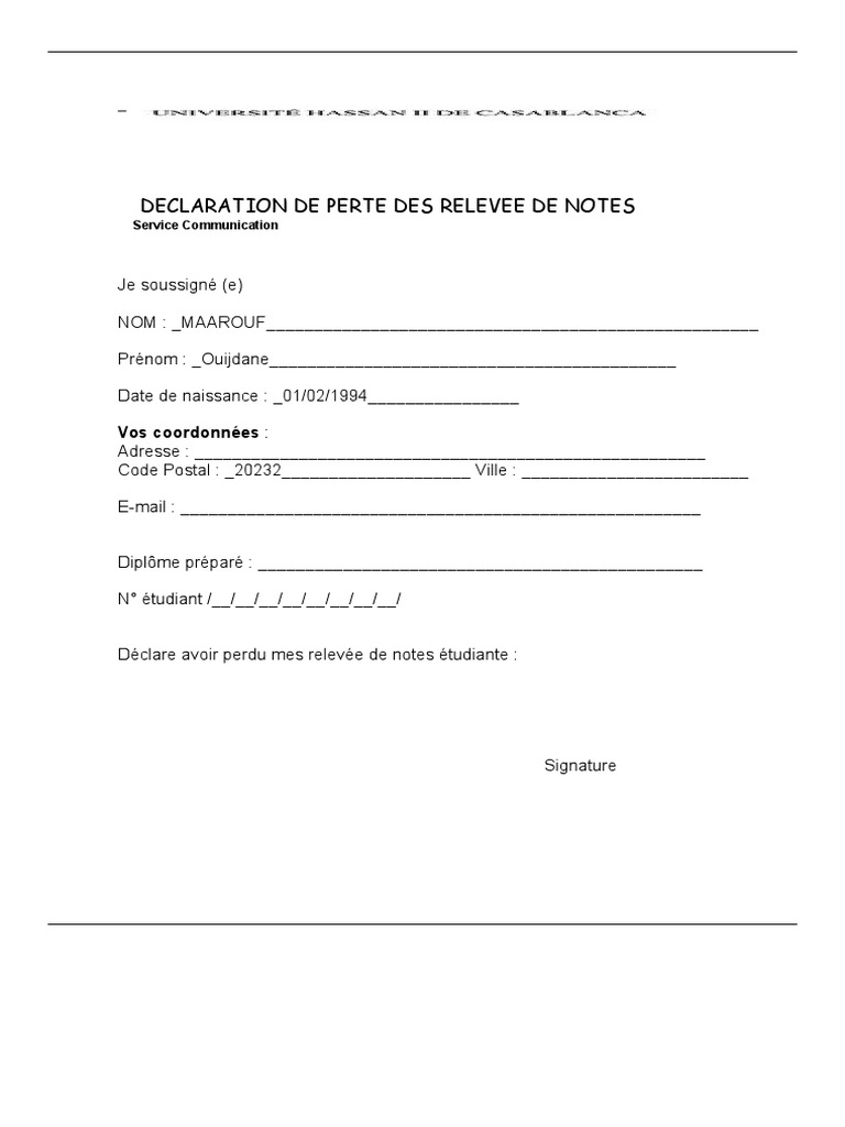 Déclaration de Perte de Relevé de Notes | PDF