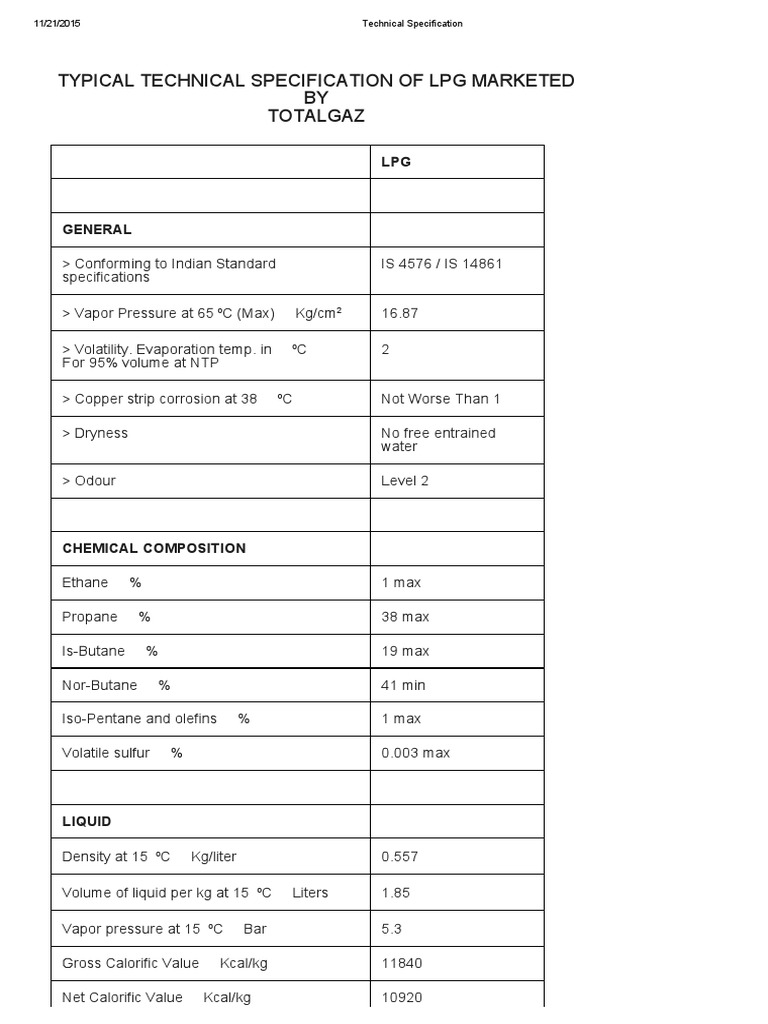 LPG Technical Specifications Overview | PDF | Liquefied Petroleum Gas ...