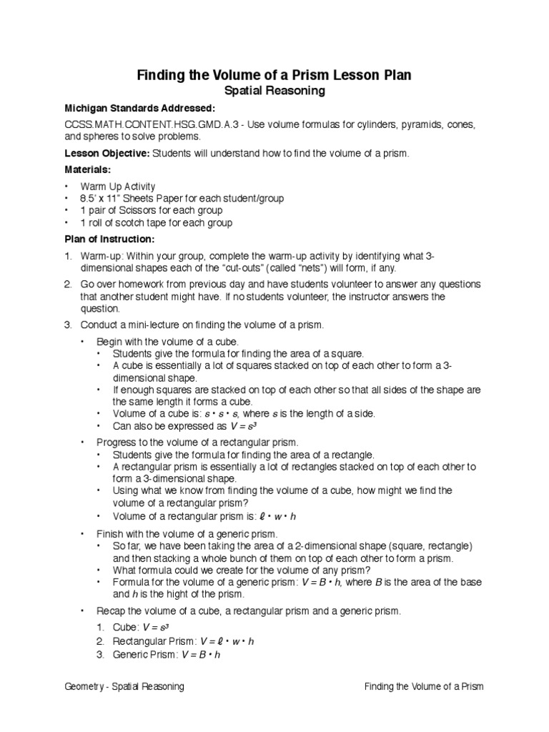 Volume of Prisms Lesson Plan | PDF | Volume | Rectangle