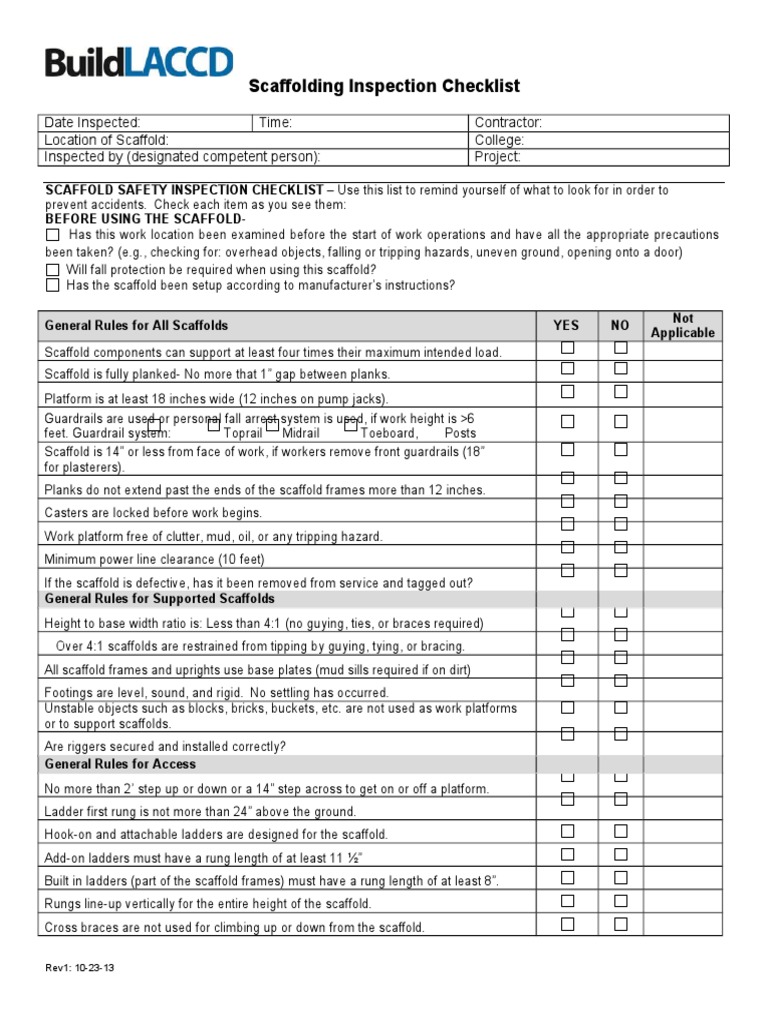 Scaffold Checklist 11-6-13 PV | PDF | Scaffolding | Nature