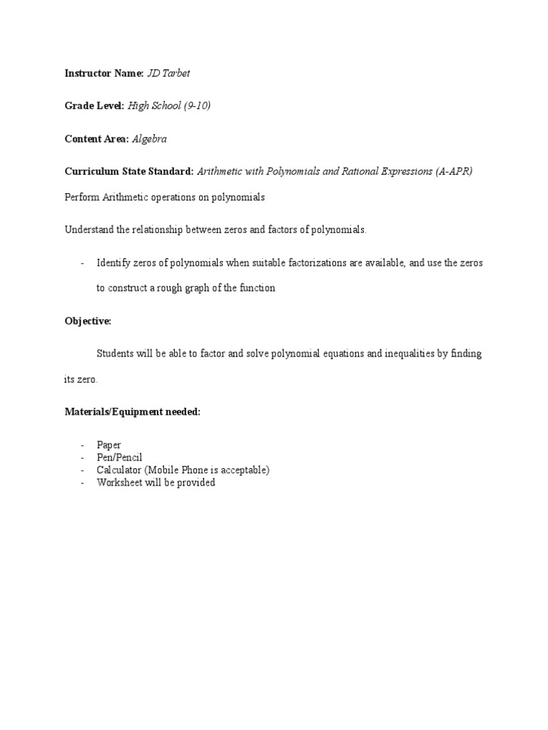 Lesson Plan | PDF | Factorization | Polynomial