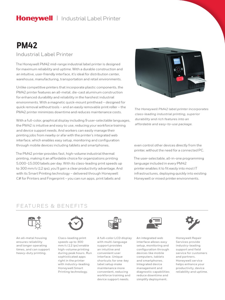 Pm42 Industrial Printer Data Sheet en a4 honeywell datamax | Printer ...