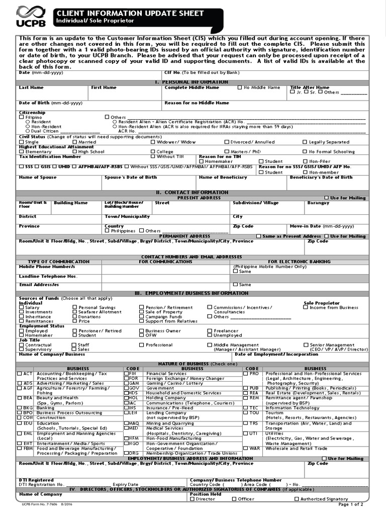 UCPB Client Information Update Sheet CIUS | PDF | Identity Document | Government