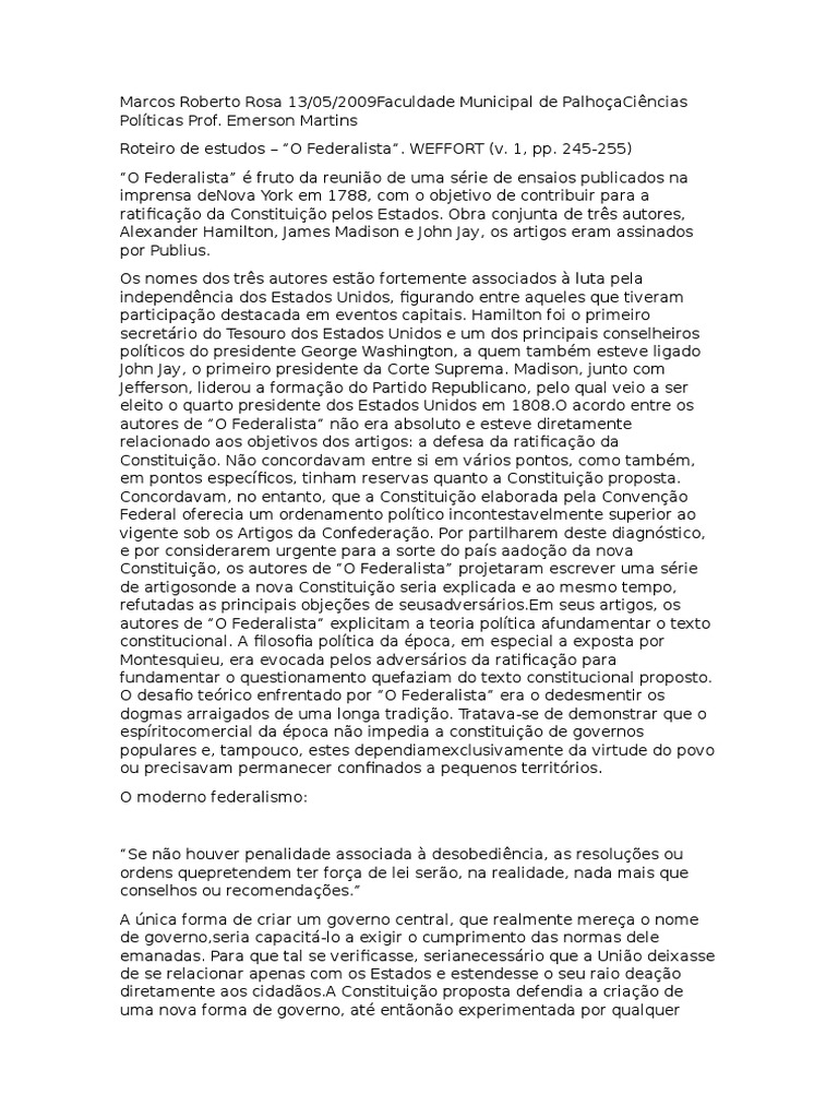 O Federalista Resumo | PDF | O Federalista (livro) | Alexander Hamilton