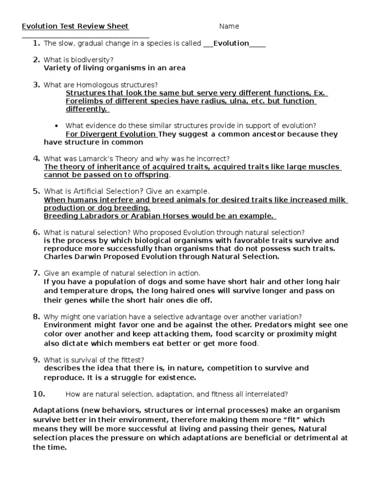 Evolution Test Review Key | PDF | Natural Selection | Evolution