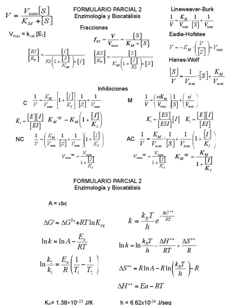 Formulario Cinetica Enzimatica | PDF