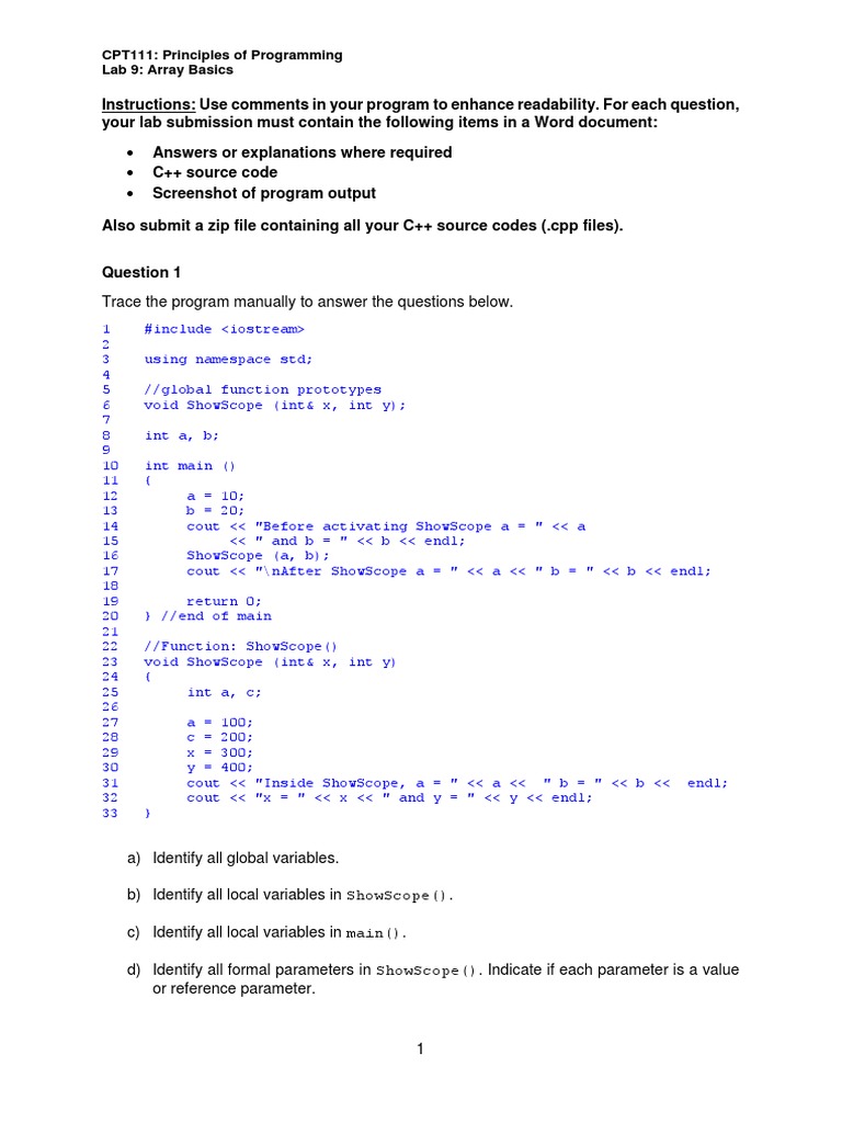 Cpt111 Lab 9 Array Basics Pdf Array Data Type Parameter Computer Programming 0789