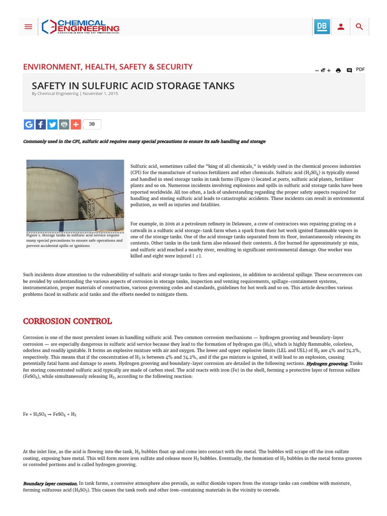Safety in Sulfuric Acid Storage Tanks - Chemical Engineering | PDF ...