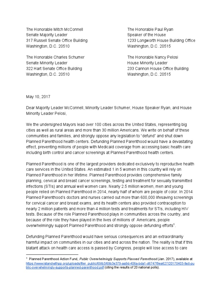 Mayors Letter Regarding Planned Parenthood | Planned Parenthood ...