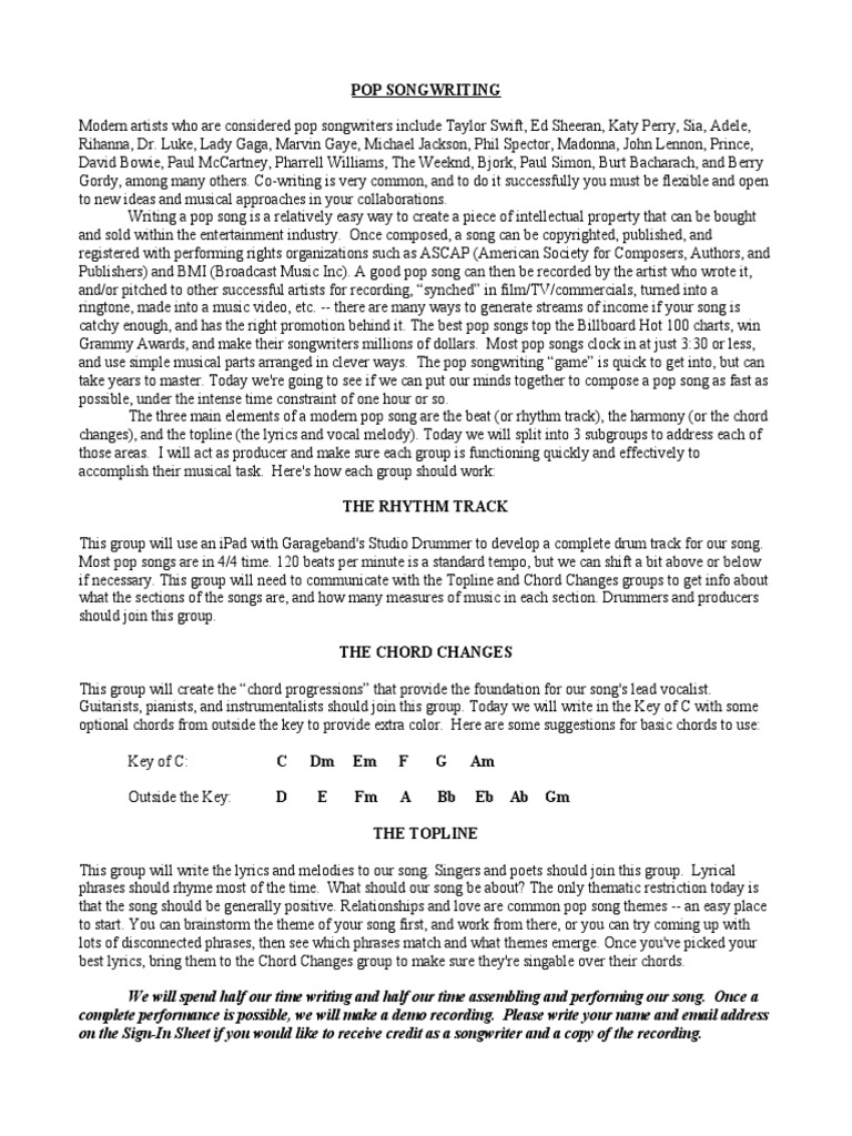 Pop Songwriting Workshop Syllabus | PDF | Songwriter | Pop Music