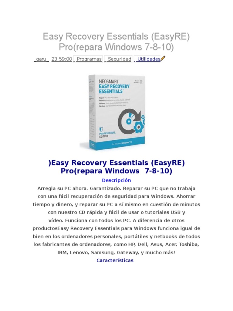 Easy Recovery Essentials (EasyRE) Pro (Repara Windows 7-8-10) | PDF ...