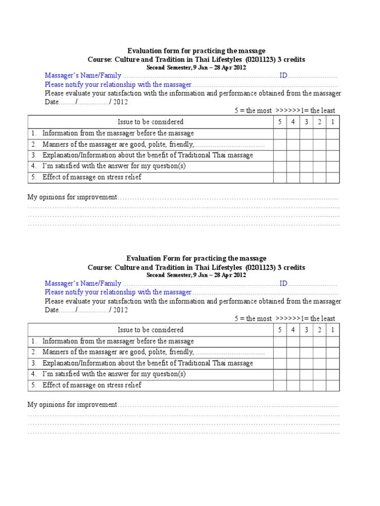 Evaluation Form for Massage | Psychology & Cognitive Science ...