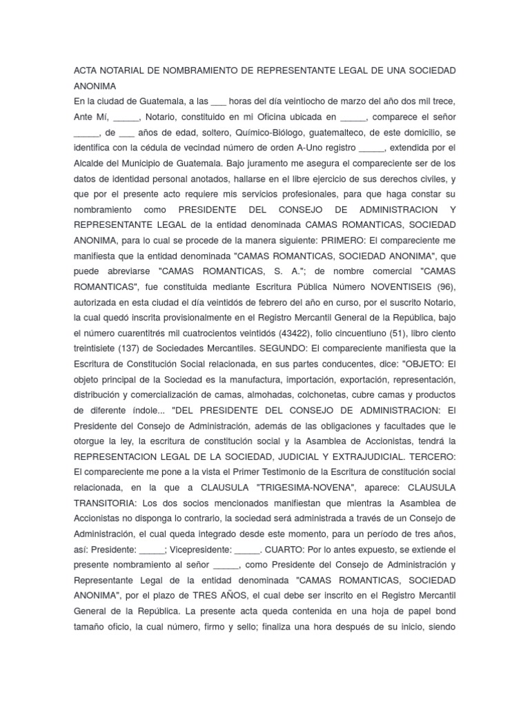Acta Notarial de Nombramiento de Representante Legal de Una Sociedad ...