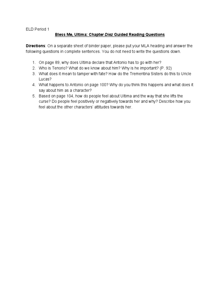 Bless Me, Ultima: Chapter Guided Reading Questions Directions | PDF ...