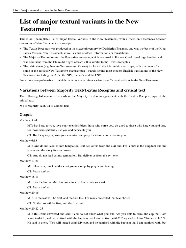 List of Major Textual Variants in The New Testament | PDF | New ...