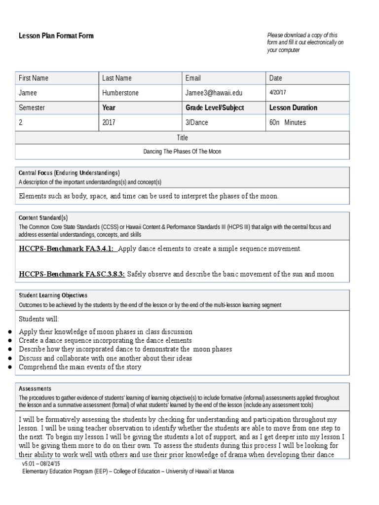 Lesson Plan Format Form: Central Focus (Enduring Understandings) | PDF ...