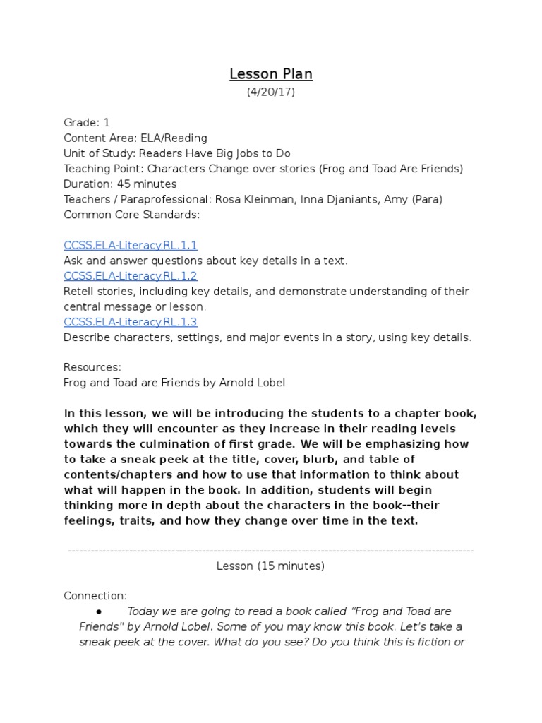 Lesson Plan: CCSS - ELA-Literacy - RL.1.1 CCSS - ELA-Literacy - RL.1.2 ...