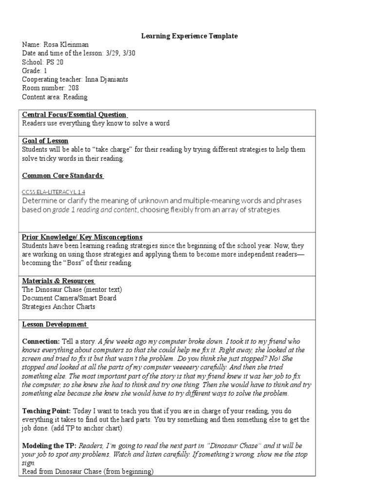 Learning Experience Template | PDF | Reading (Process) | Reading ...