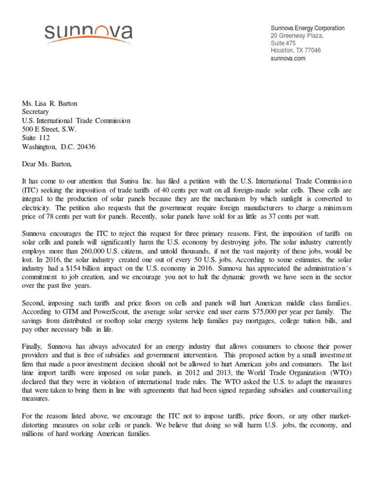 Sunnova Letter On Import Tariffs | PDF | World Trade Organization | Subsidy