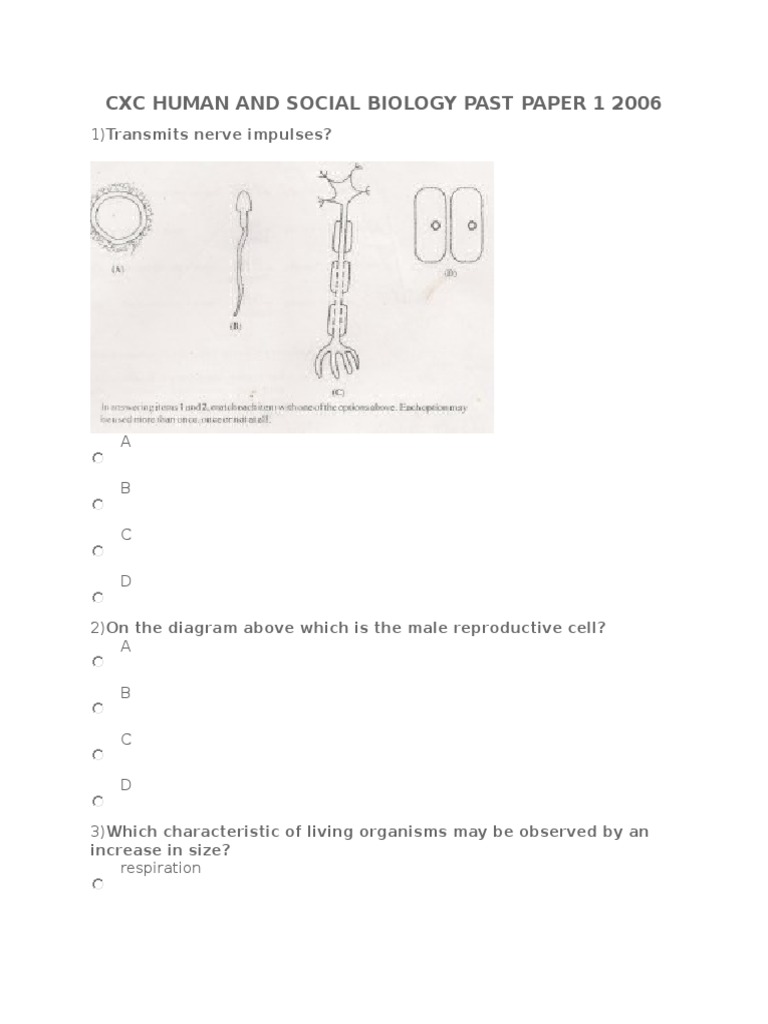 Cxc Human and Social Biology Past Paper 1 2006 | Blood | Circulatory System