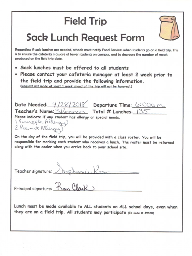 Field Trip Sack Lunch Request Form | PDF