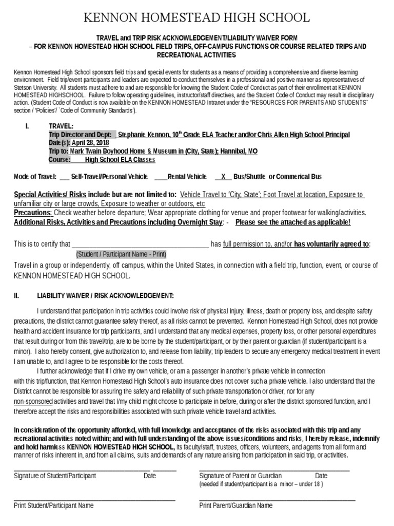Travel and Trip Risk Acknowledgement Liability Waiver Form | PDF ...