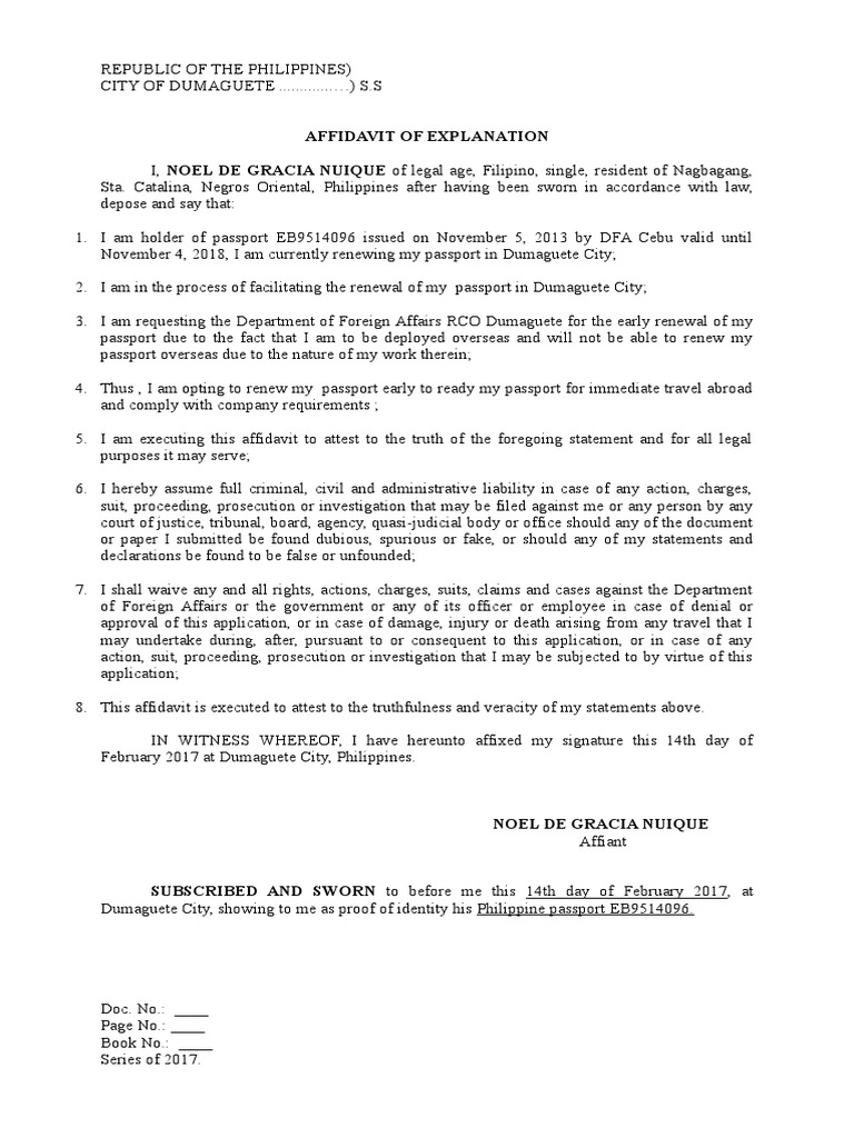 Sample Affidavit of Explanation (Early Renewal) | Affidavit | Passport