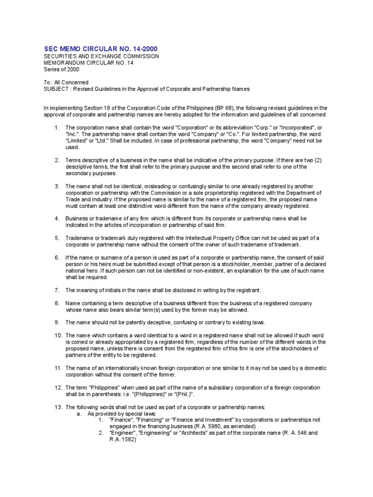 Sec Memo Circular No 14-2000 | Trade Name | Corporations