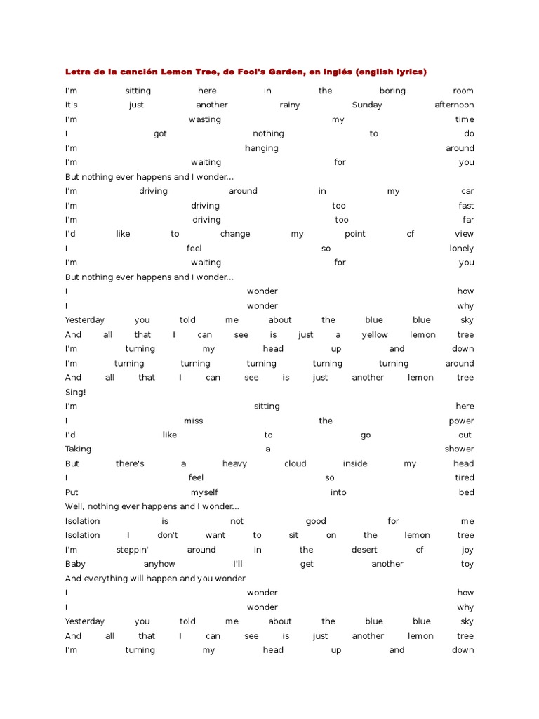 Letra de La Canción Lemon Tree, de Fool's Garden, en Inglés (English ...
