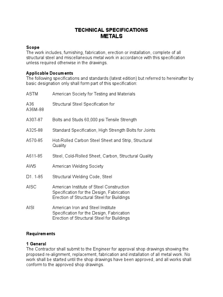 Technical Specifications Metals | PDF | Structural Steel ...