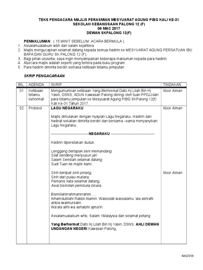 Teks MC Mesyuarat Agung Pibg Ke-29 SKP12 2015 | PDF