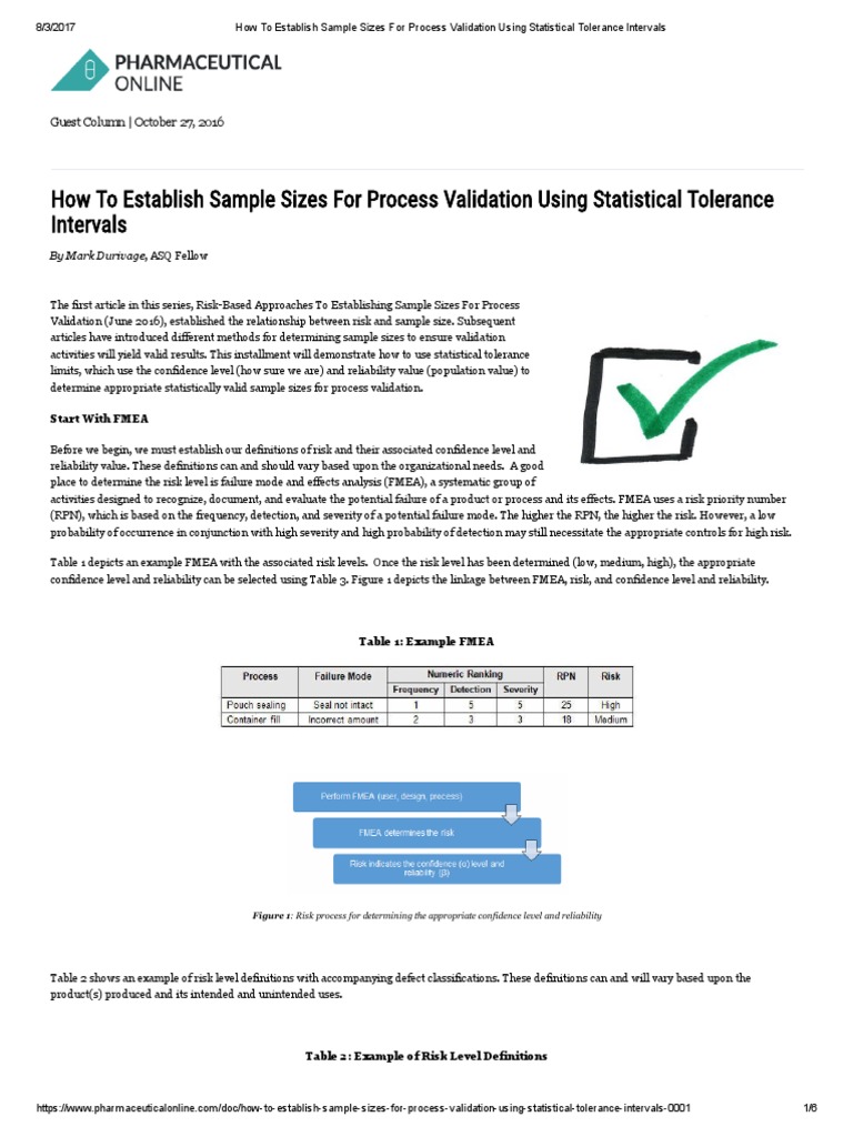 How To Establish Sample Sizes For Process Validation Using Statistical Tolerance Intervals | PDF ...
