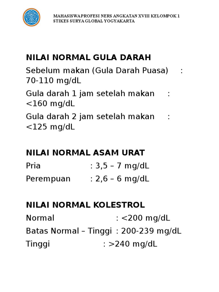 Nilai normal gula darah, asam urat, dan kolesterol | PDF