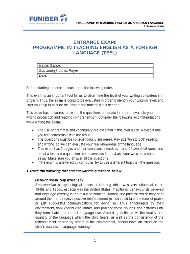 Entrance Exam TEFL | PDF | Language Acquisition | Second Language Acquisition