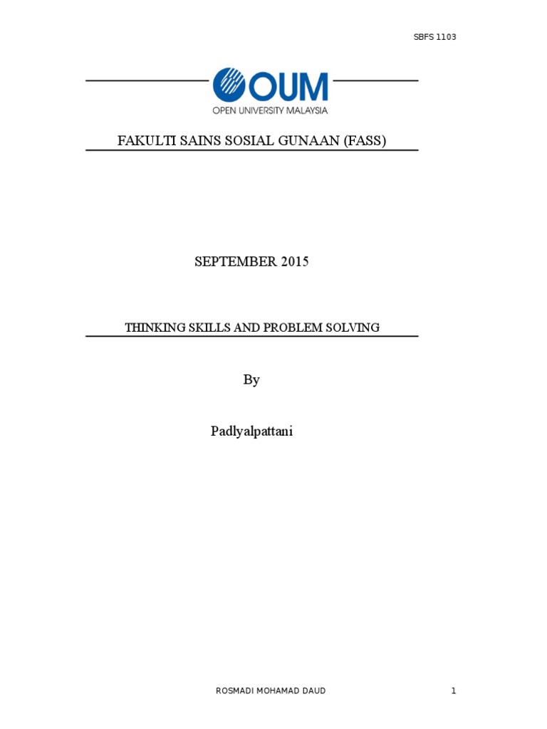SBFS1103 Thinking Skills Sept15 Padlyalpattani | PDF | Child Neglect ...