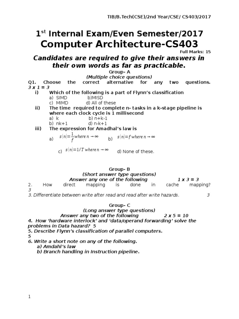 Computer Architecture-CS403: 1 Internal Exam/Even Semester/2017 | PDF