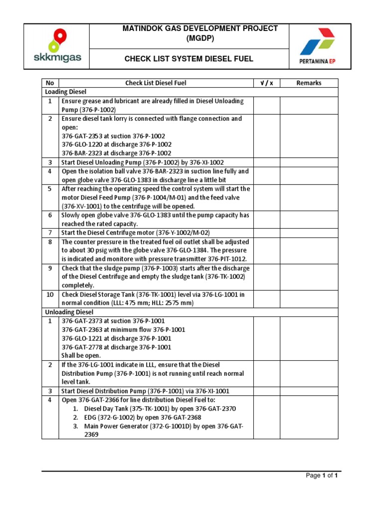 Matindok Gas Development Project (MGDP) Check List System Diesel Fuel | PDF
