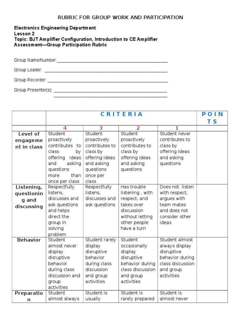 Rubric For Participation and Group Work | PDF | Amplifier | Electronic ...