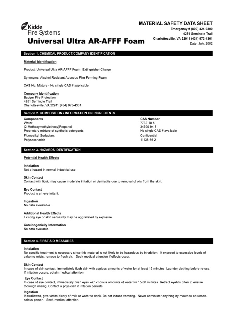 Fire Foam Msds Sheet | PDF | Superfund | Dangerous Goods
