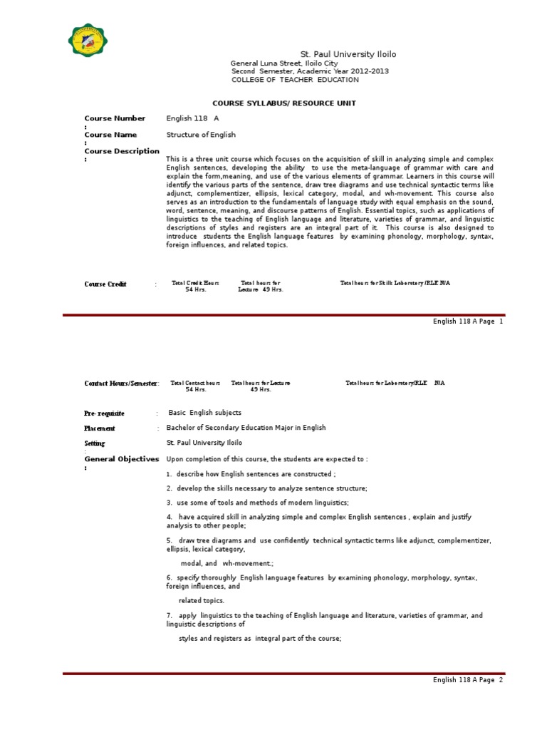 English Structure Course Syllabus | PDF | Linguistics | English Language