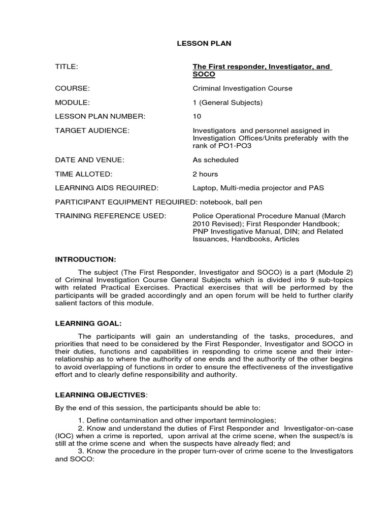 10. Lesson Plan the First Responder | Crime Scene | Police