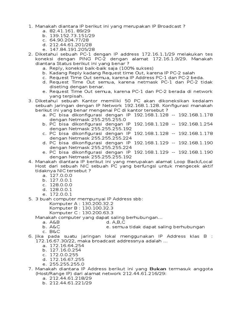 Kumpulan Soal IP Address Dan Subnetting | PDF