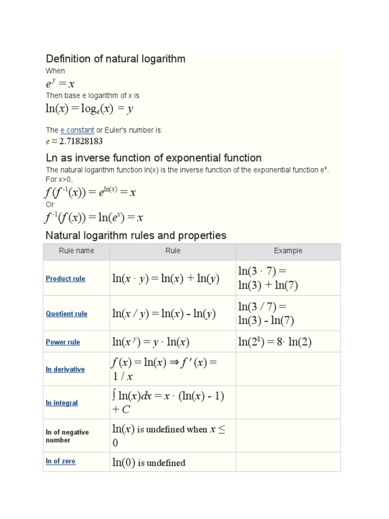 Natural Logarithm Rules and Properties | PDF | Logarithm | Discrete ...