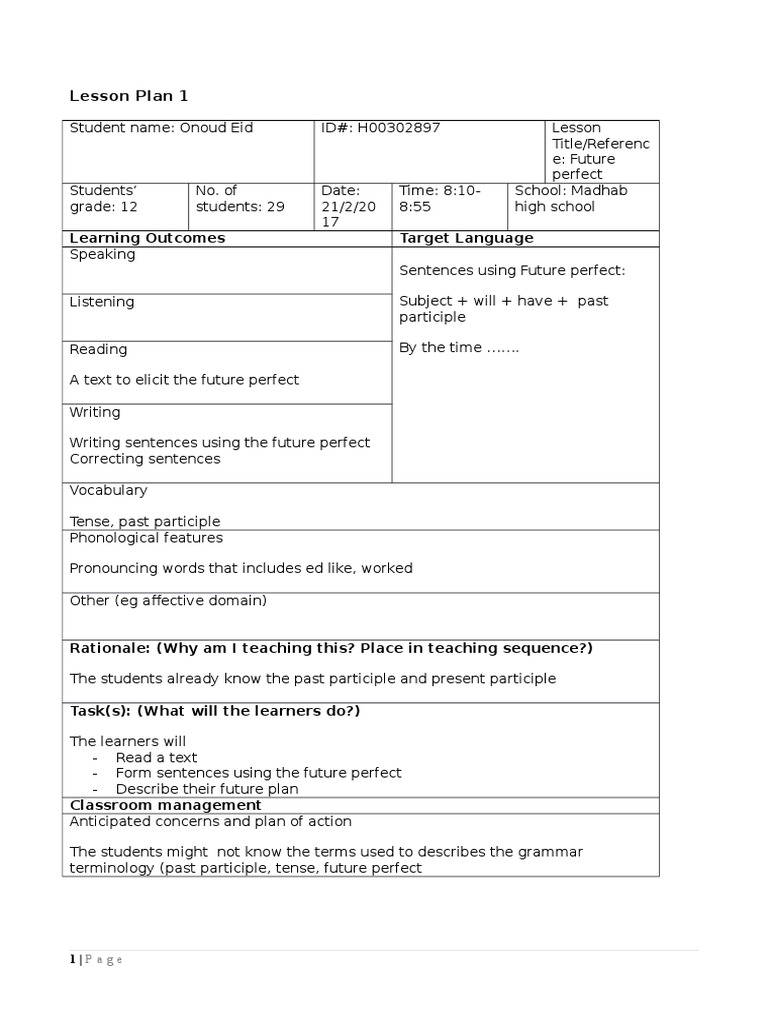 Lesson Plan - 1 Future Perfect | PDF | Perfect (Grammar) | Lesson Plan