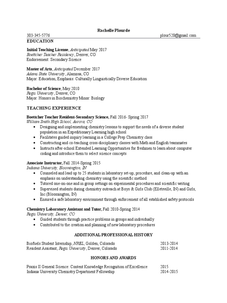 Plourde Rachelle Resume | PDF | Science | Teachers