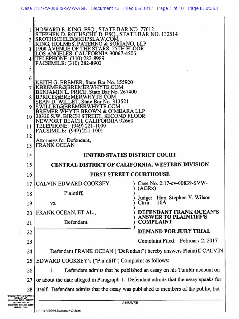 Frank Ocean's Answer To Calvin Cooksey Complaint | PDF | Government ...