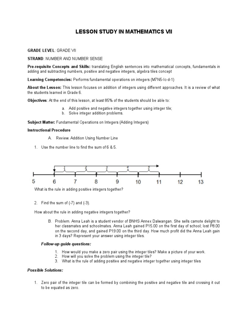 Grade 7 Lesson Plan: Adding Integers | PDF | Integer | Algebra