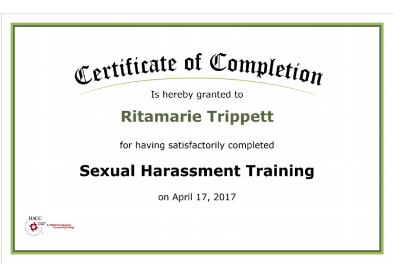Certificate Of Completion Sexual Harassment