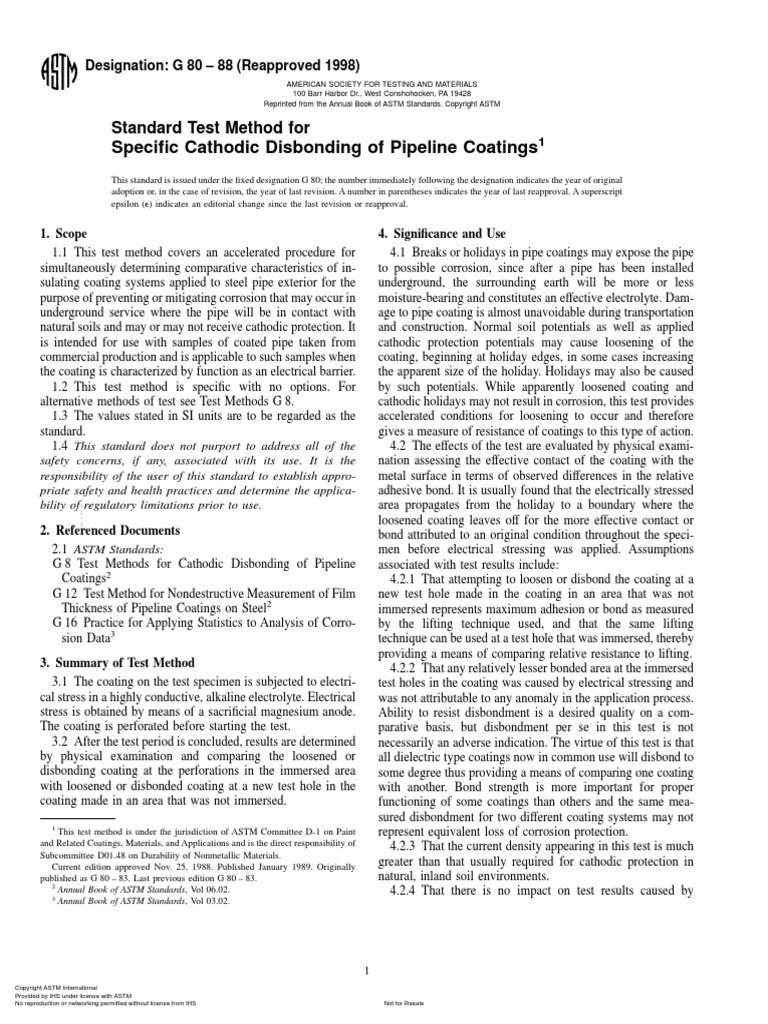 ASTM G80-88 (Specific Cathodic Disbonding of Pipeline Coatings) | PDF ...